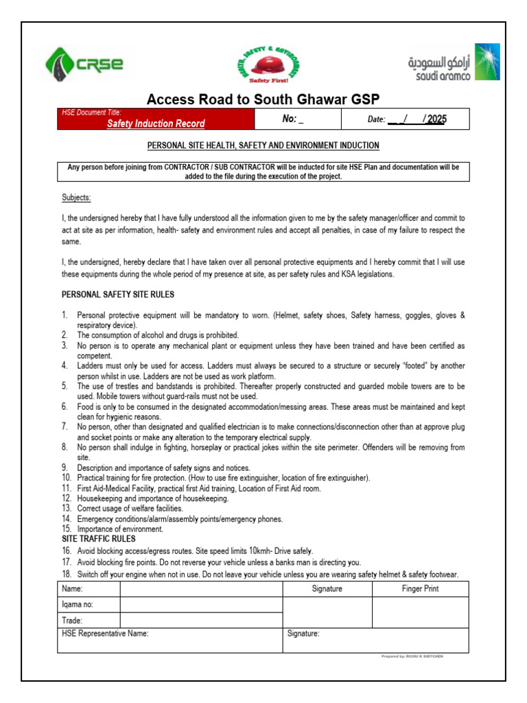 Haradh Safety Induction Form | PDF | Safety