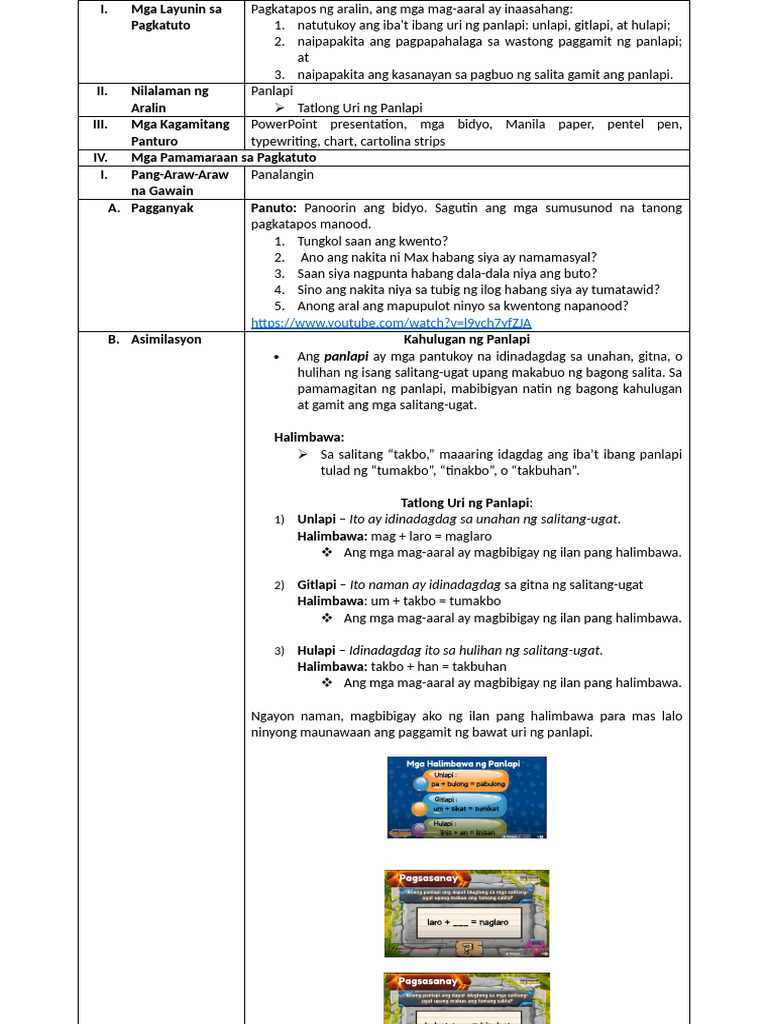 Banghay-Aralin Sa Filipino IV - Panlapi | PDF