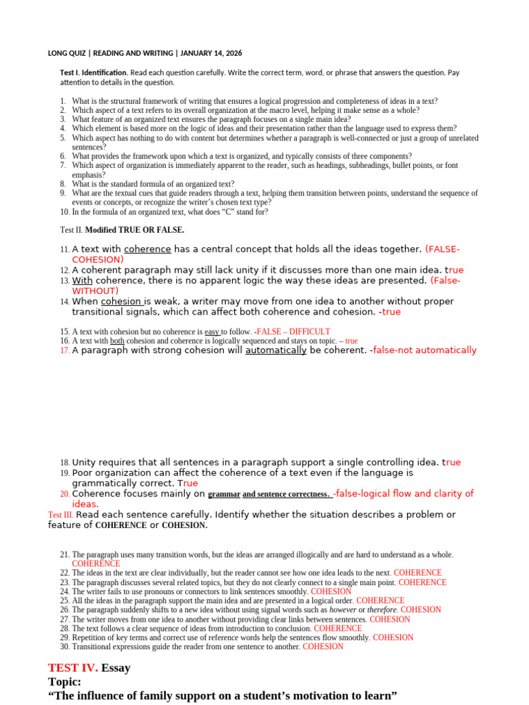 Answer Key Long Quiz Raw January 14 | PDF | Essays | Question