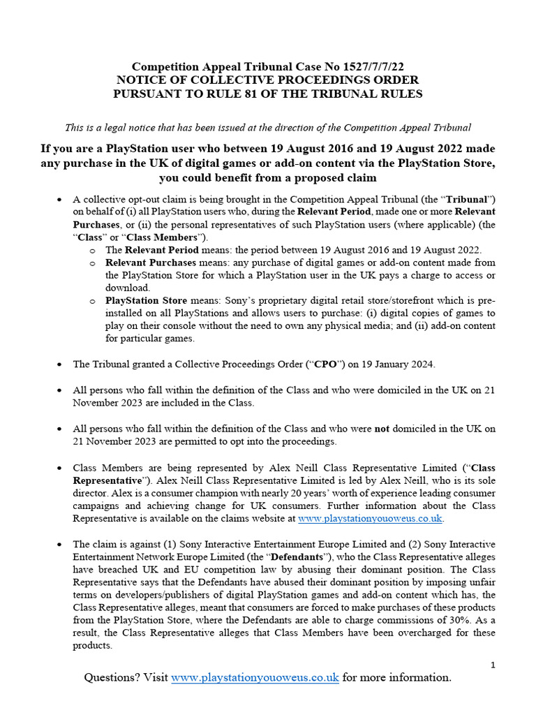 1Notice of Collective Proceedings Order Alex Neill 260126 222203 | PDF | Play Station | Video Games