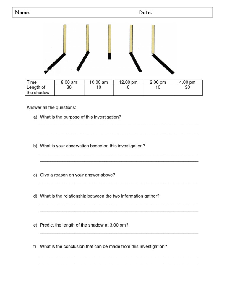 Shadow Length Investigation Worksheet | PDF | Teaching Methods & Materials