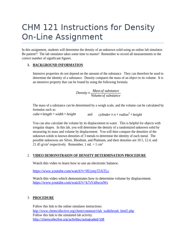 Instructions For Density Assignment | PDF | Density | Volume
