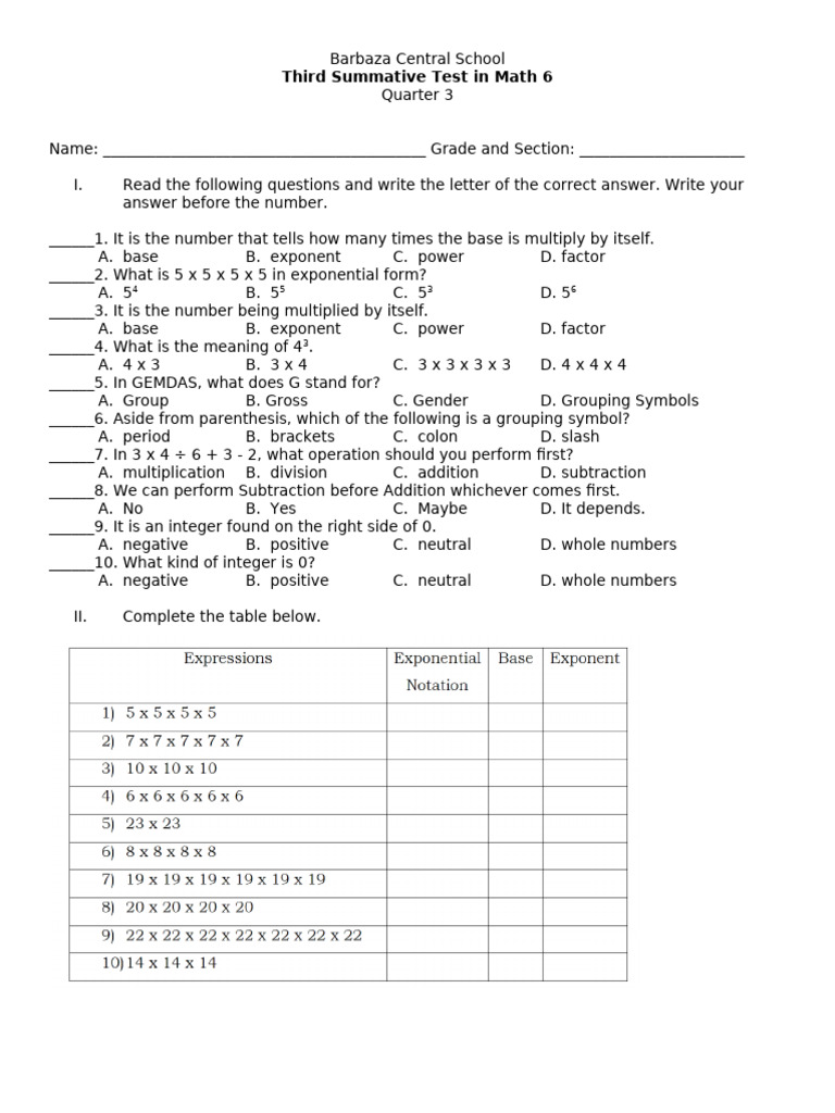 3rd Summative Test in Math 6 Q3 | PDF