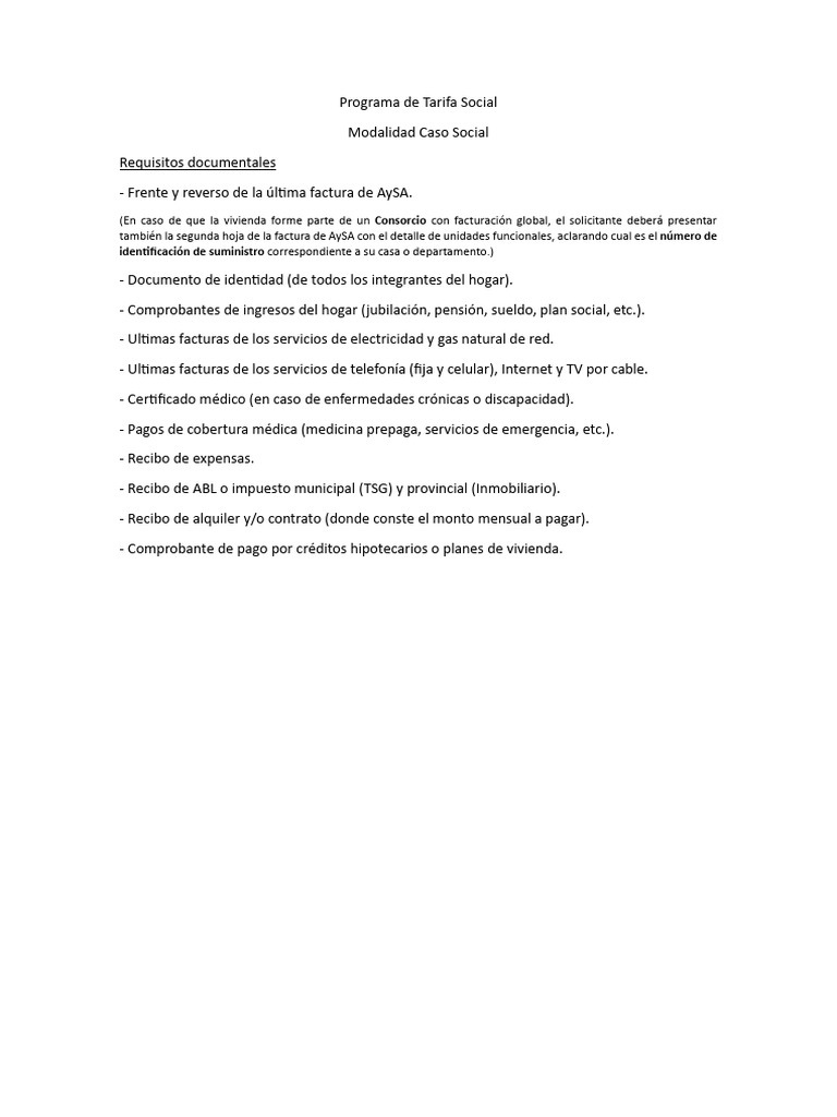 Aysa - Requisitos para Solicitar Modalidad Caso Social - Excento de ...