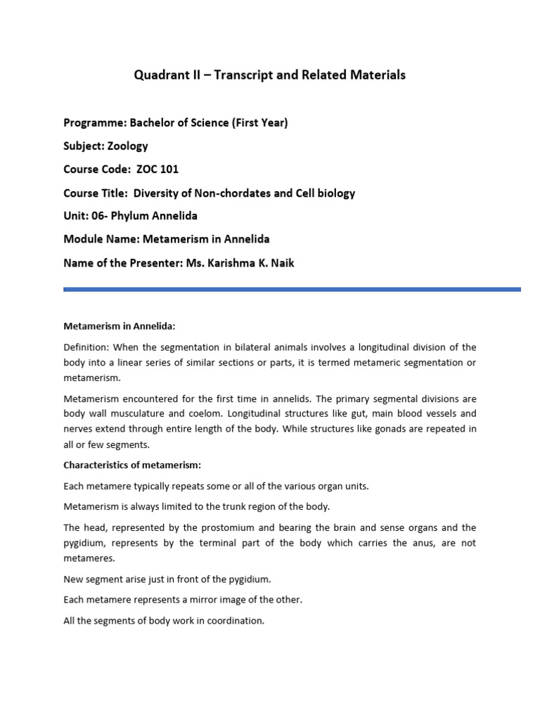 Types and Evolution of Metamerism Notes | PDF | Biology