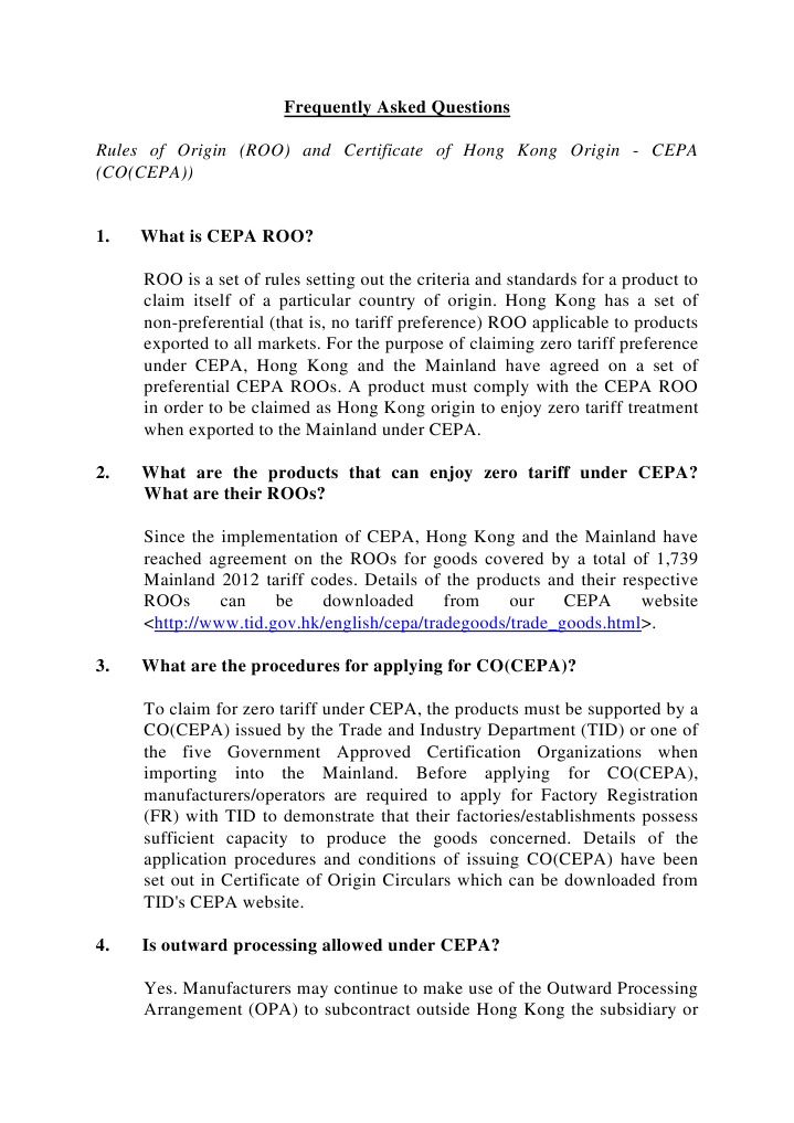 Rules of Origin (ROO) and Certificate of Hong Kong Origin - CEPA (CO ...