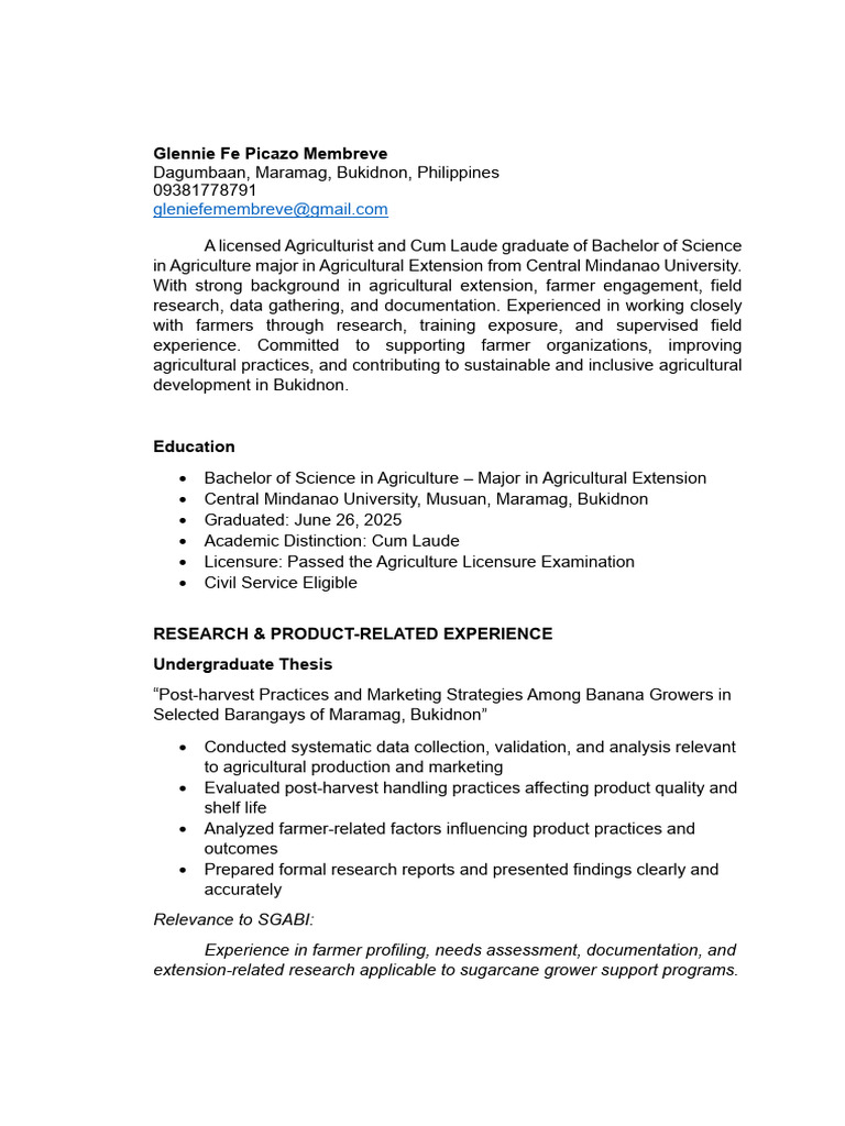 Resume-Membreve, Glennie Fe (Sgabi) | PDF | Agriculture