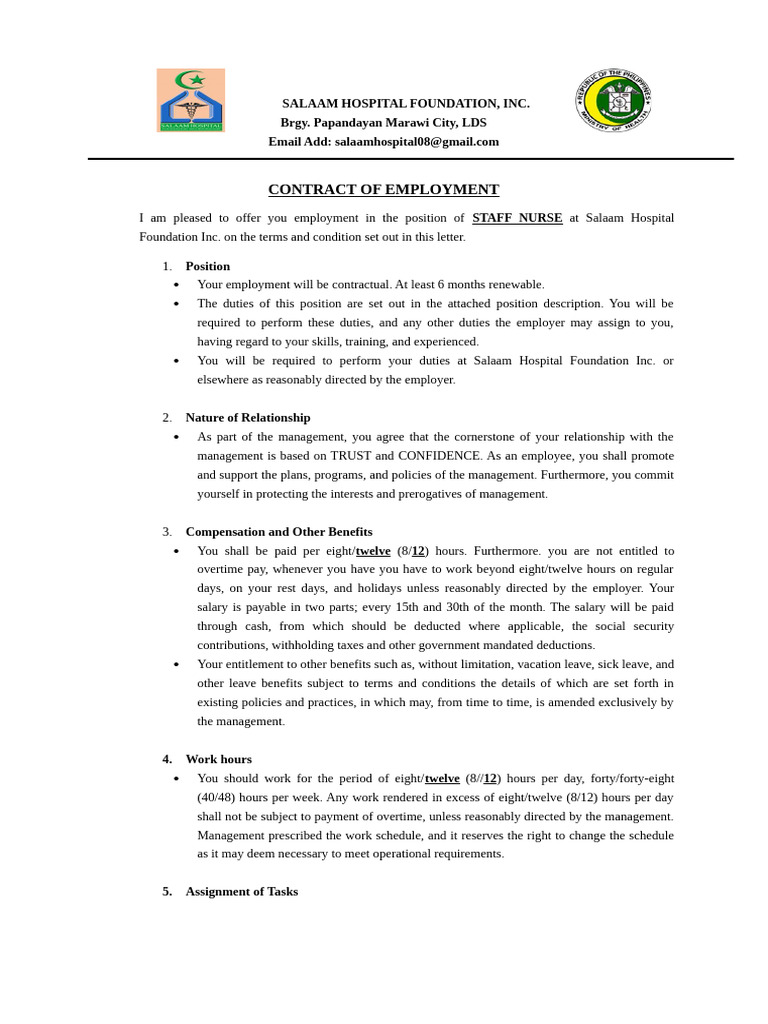 Contract of Employment for Staff Nurse-norhananah Marangit | PDF ...