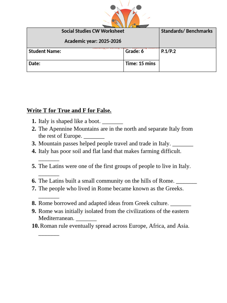 Rise of Rome Worksheet Week2 CW HW | PDF | Italy | Rome