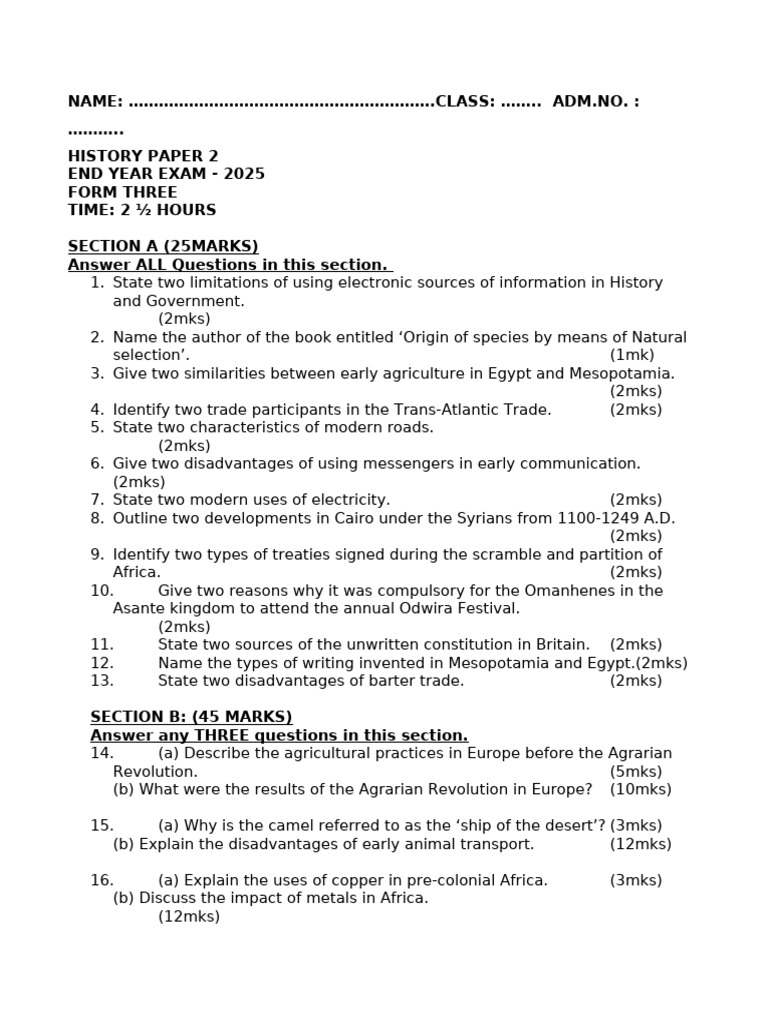 2025 History f3 Pp2 Qs End t3 s1 Teacher Co Ke (1) | PDF | Africa