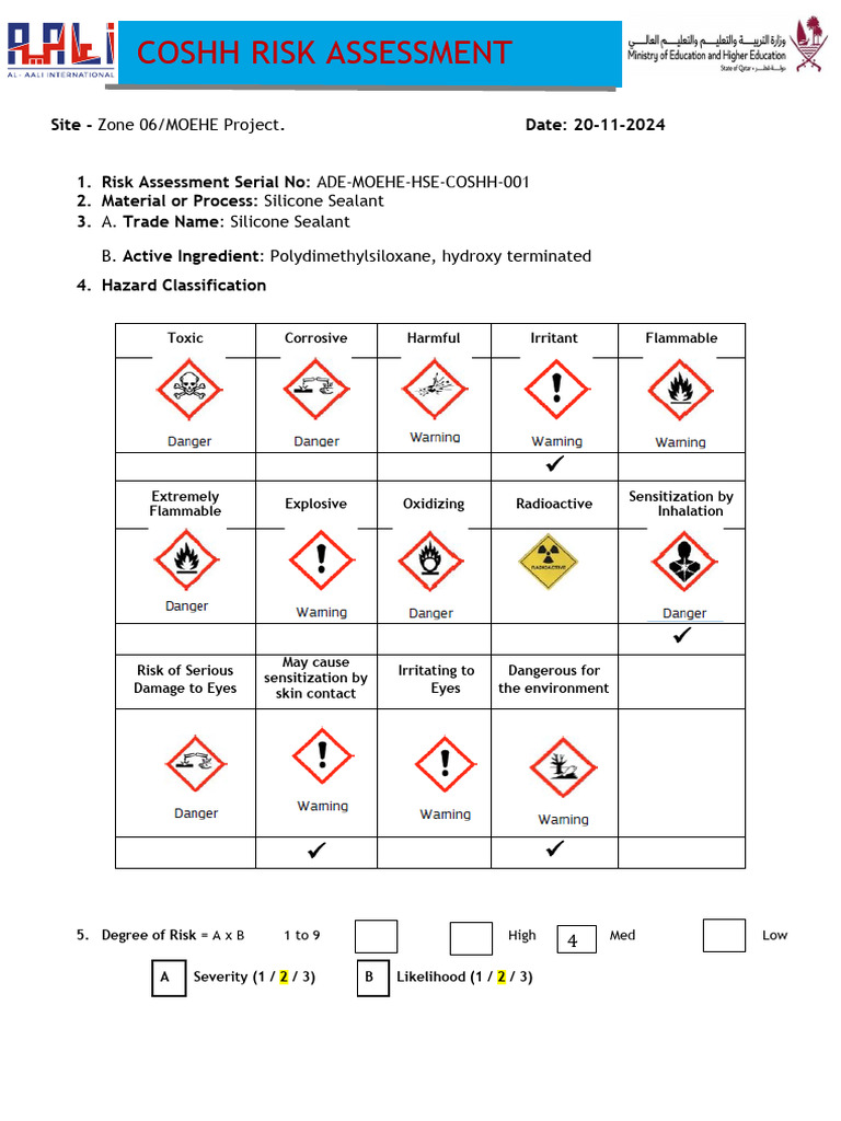 COSHH Risk Assessment - Silicone Sealant | PDF | Personal Protective ...