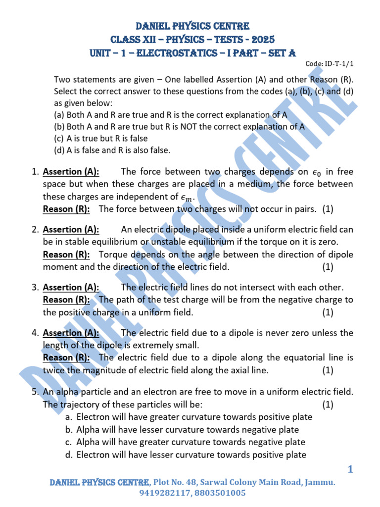 Unit - 1 Electrostatics - I Part - Set A | PDF | Electric Field | Force