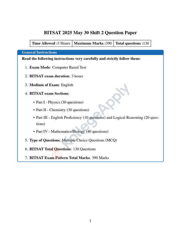 Bitsat 2025 Shift 2 Other Question Paper 3892 | PDF | Mechanics ...
