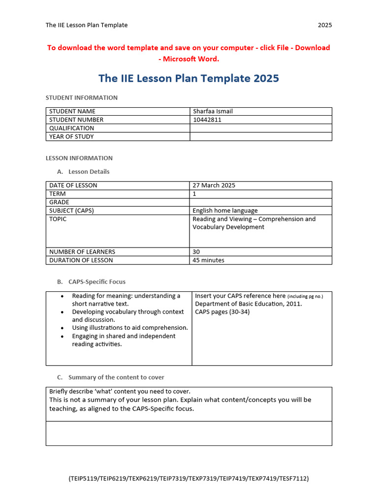 2025 IIE Lesson Plan Template | PDF | Reading Comprehension | Lesson Plan