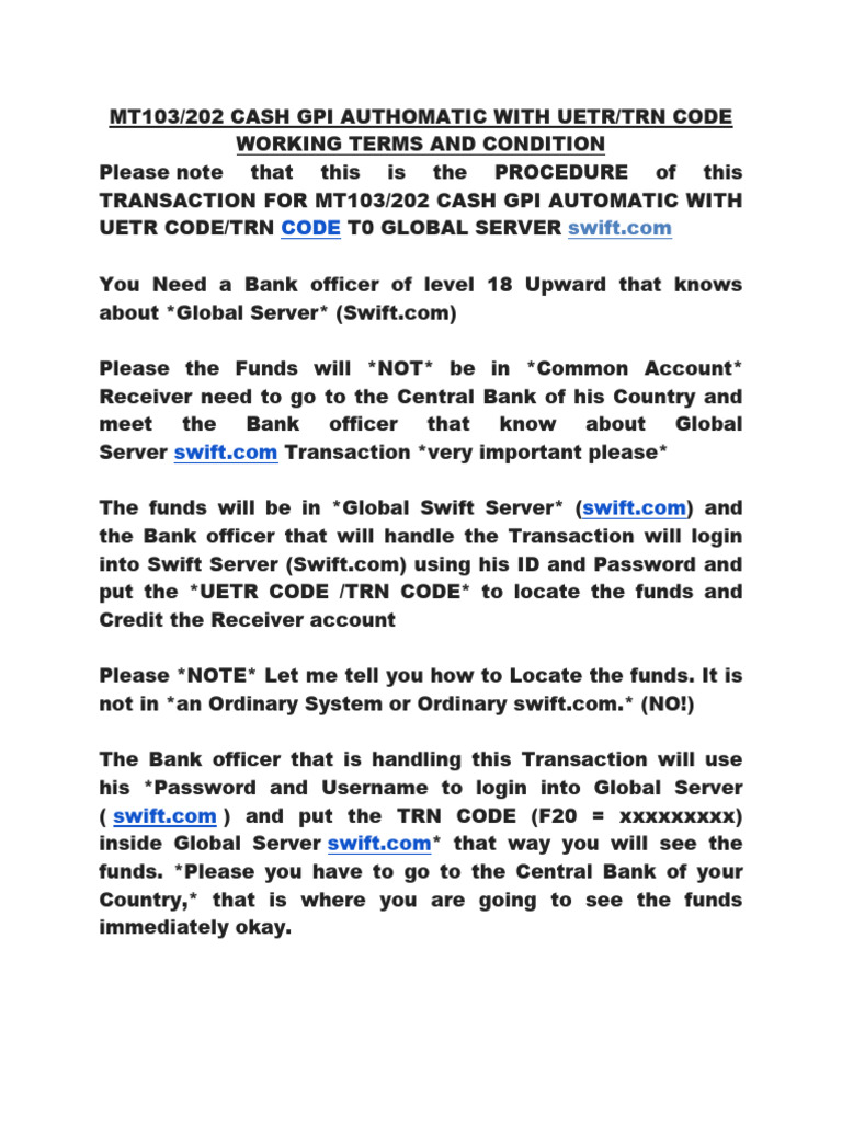 Procedures For Mt103 202 Cash Gpi Authomatic With Uetr Code and TRN ...