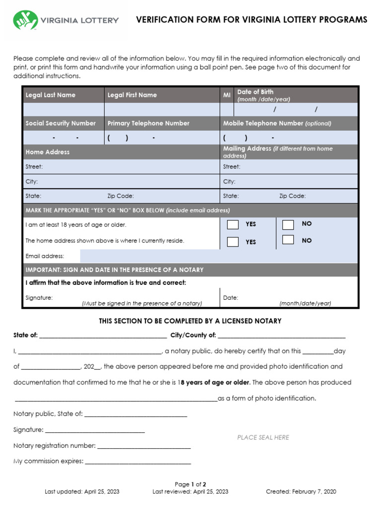 Verification Form For Lottery Programs | PDF | Identity Document ...