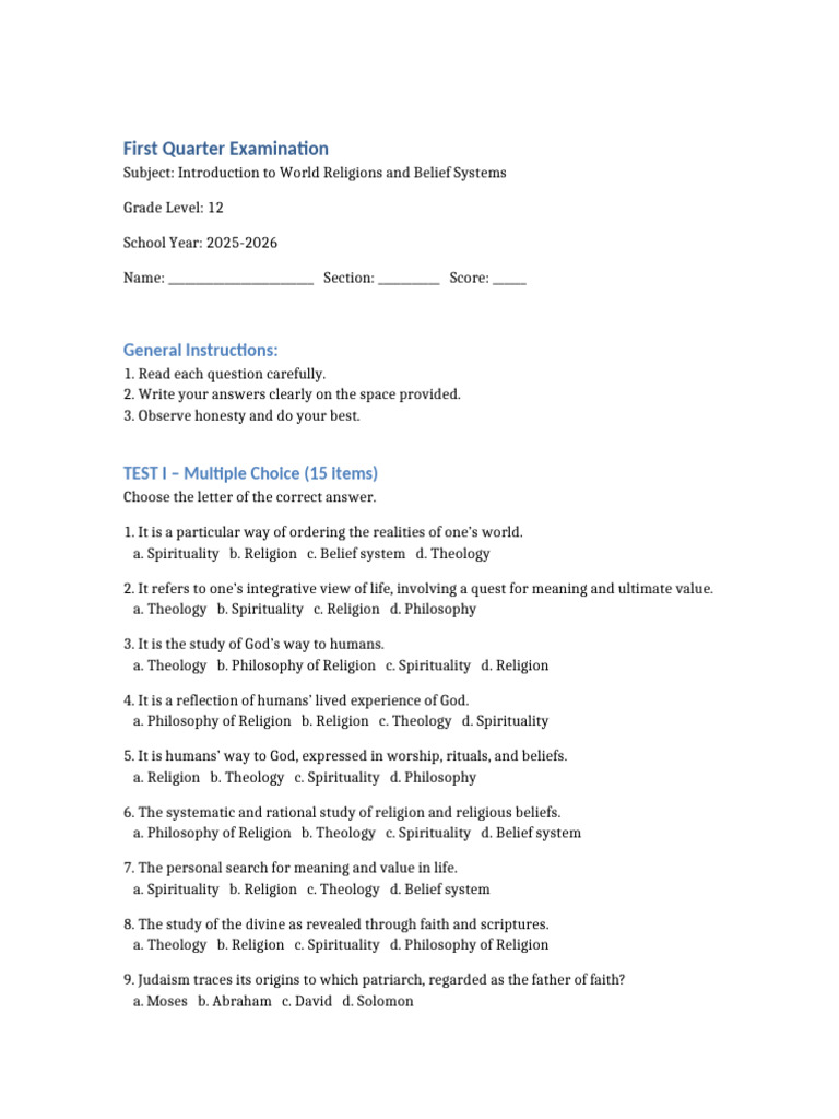 Grade12 WorldReligions Exam | PDF | Spirituality | Theology