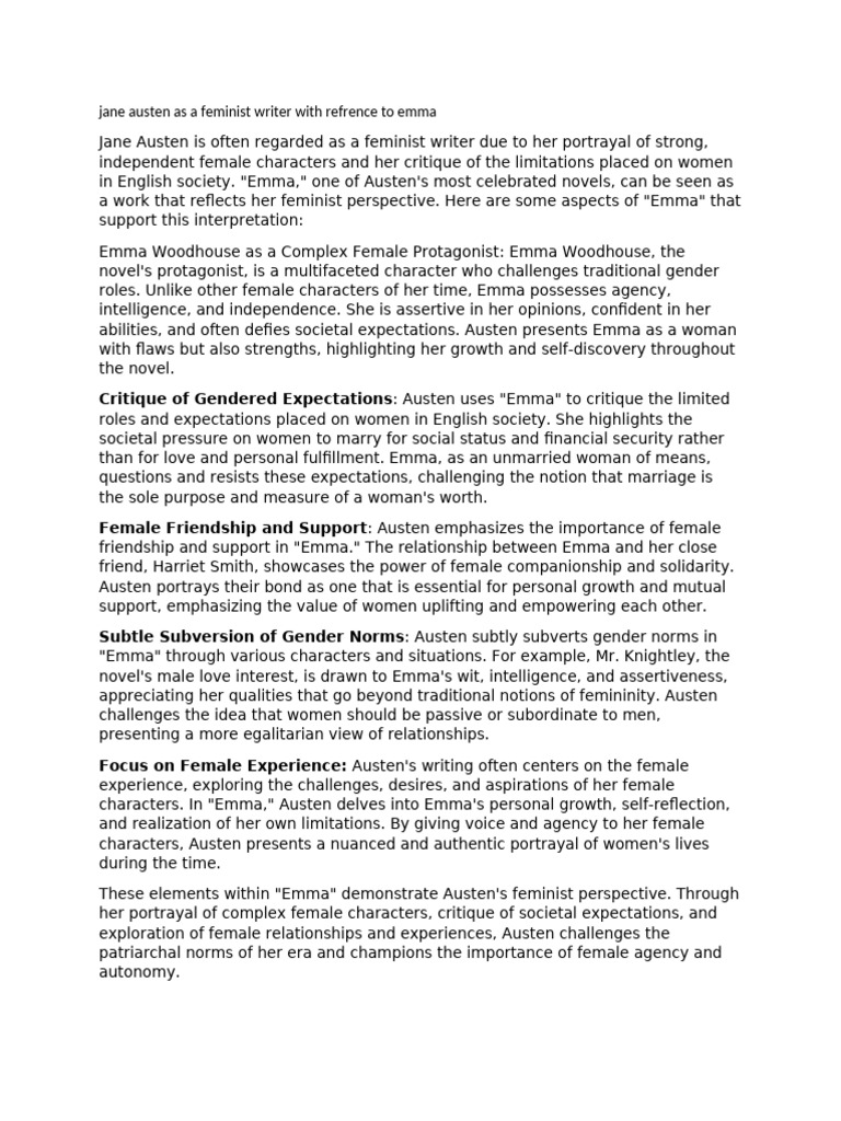 Jane Austen as a Feminist Writer With Refrence to Emma | PDF | Emma ...