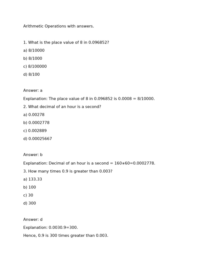 Arithmetic Operations With Answers | PDF
