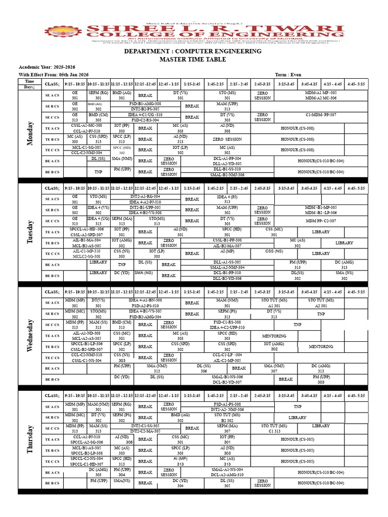 Updated Master Time Table Even - 2025-26 | PDF