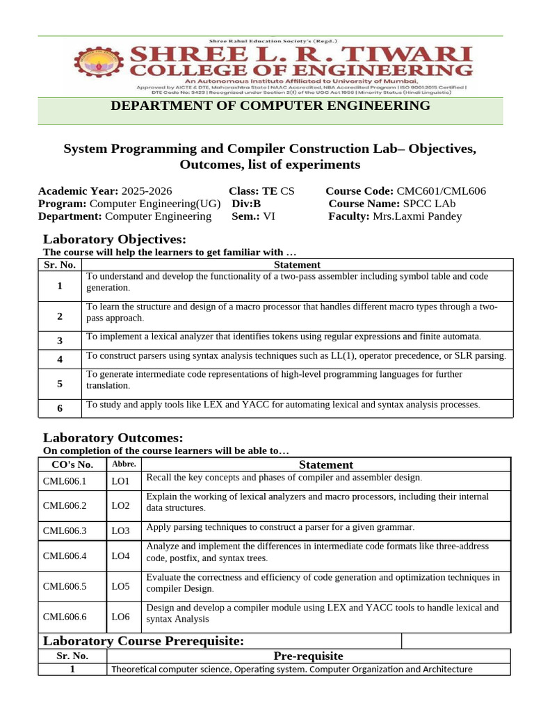 Lab Plan - List of Experiements | PDF | Parsing | Compiler