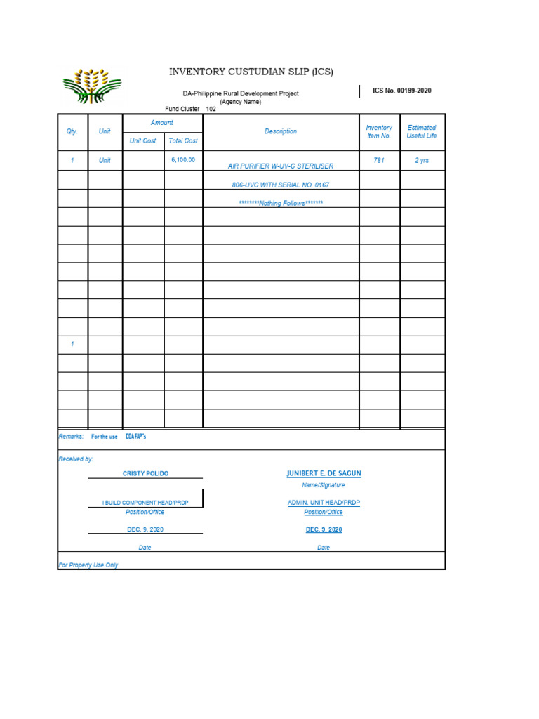 Inventory Custodian Slip (Ics) | PDF