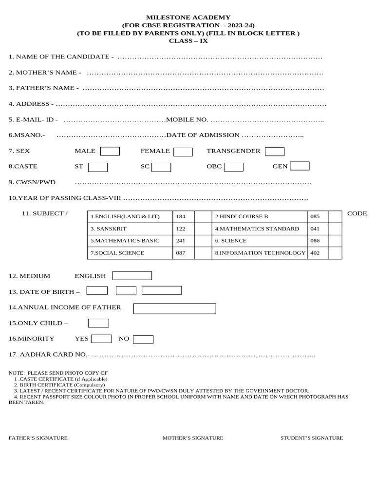 Cbse Registration Class - Ix | PDF