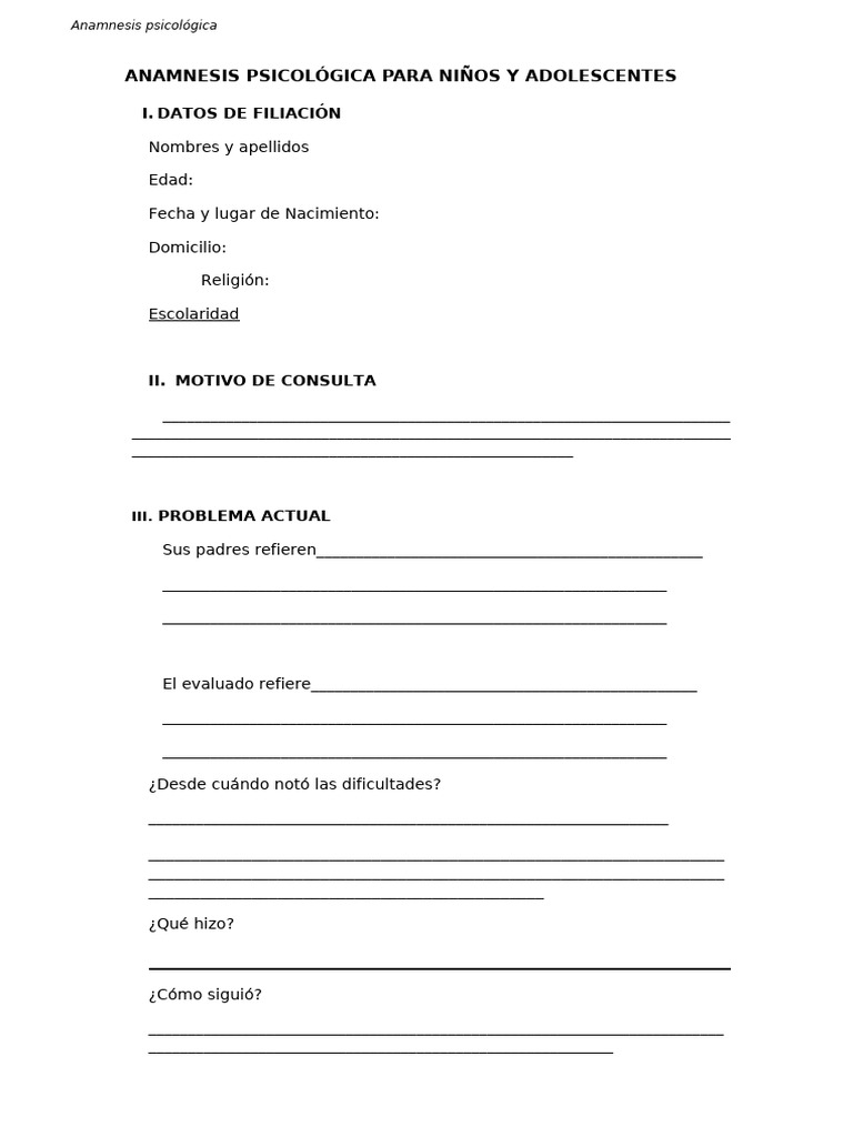 Anamnesis Psicológica Para Niños y Adolescentes - Copia | PDF ...