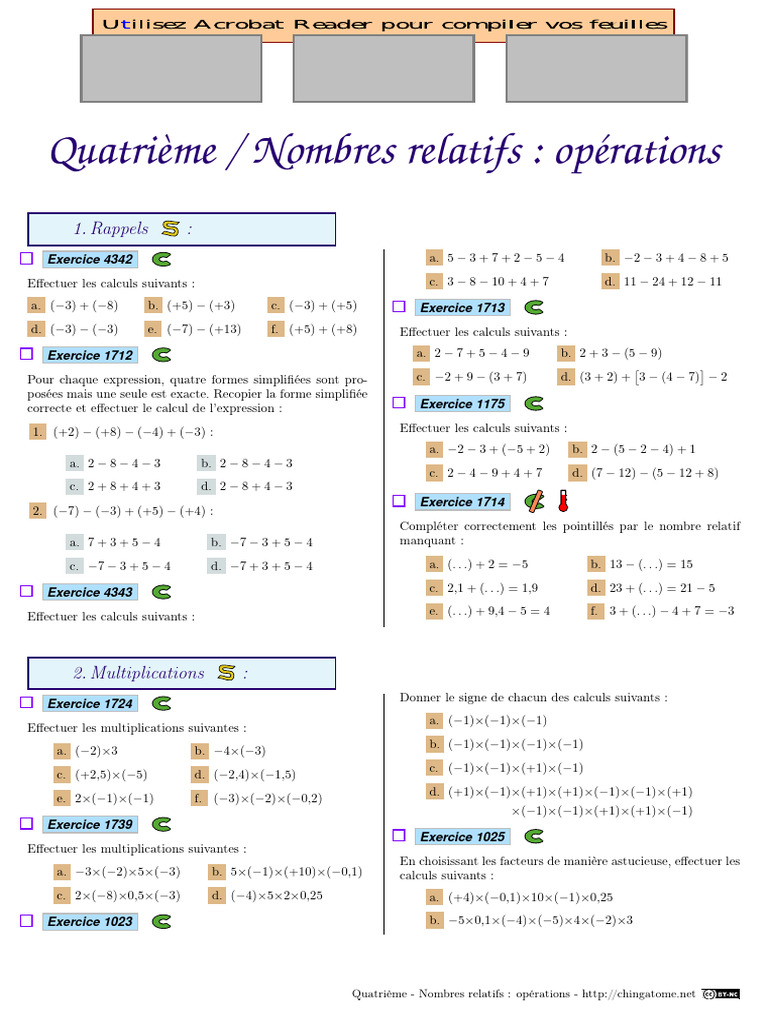 Chingatome Quatrième Nombres Relatifs Opérations | PDF | Concepts ...