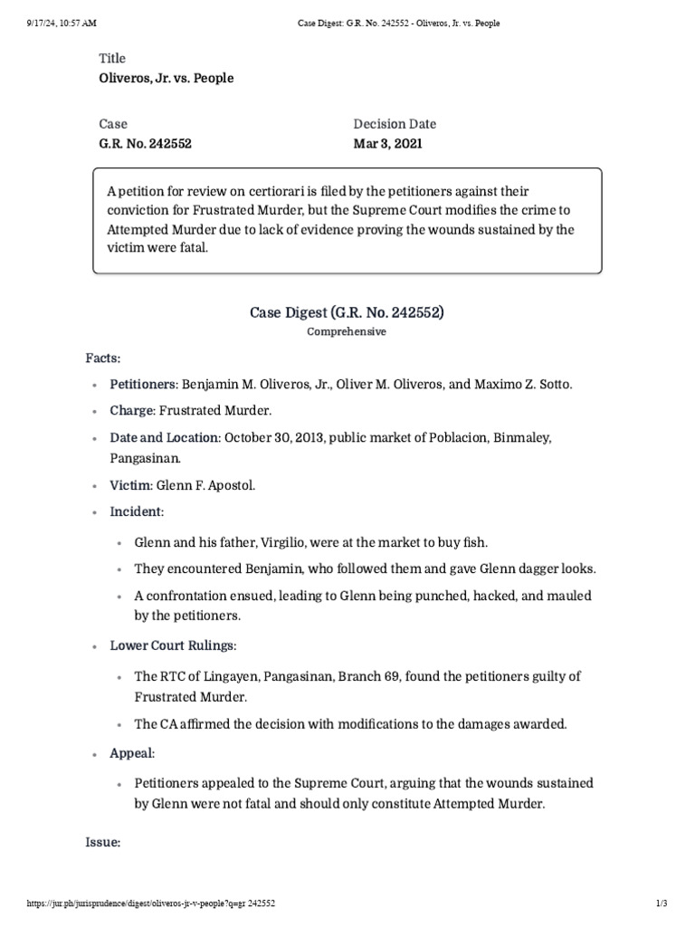 Case Digest_ G.R. No. 242552 - Oliveros, Jr. vs. People | PDF | Murder | Supreme Court Of The ...