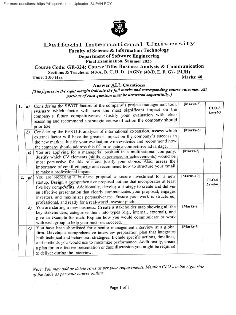 Business Analysis & Communication (SWE), Summer 25, Final Watermarked | PDF | Evaluation | Business