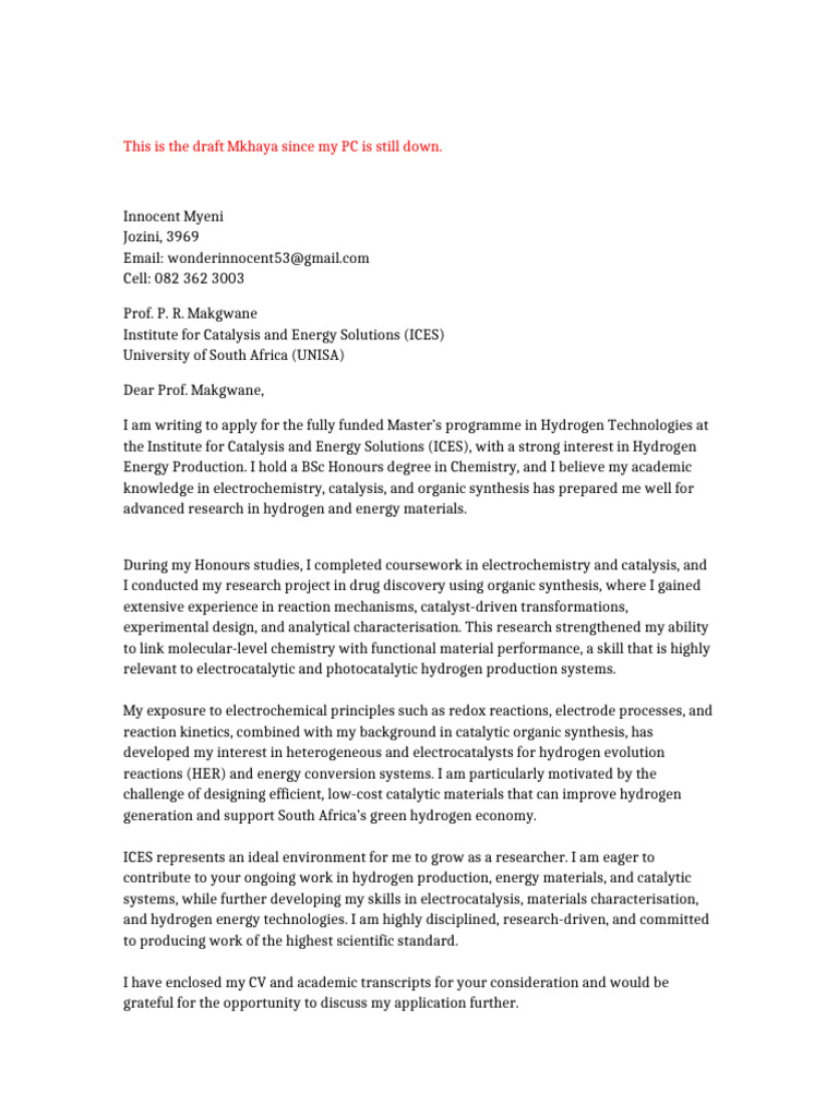 Innocent Myeni Cover Letter | PDF