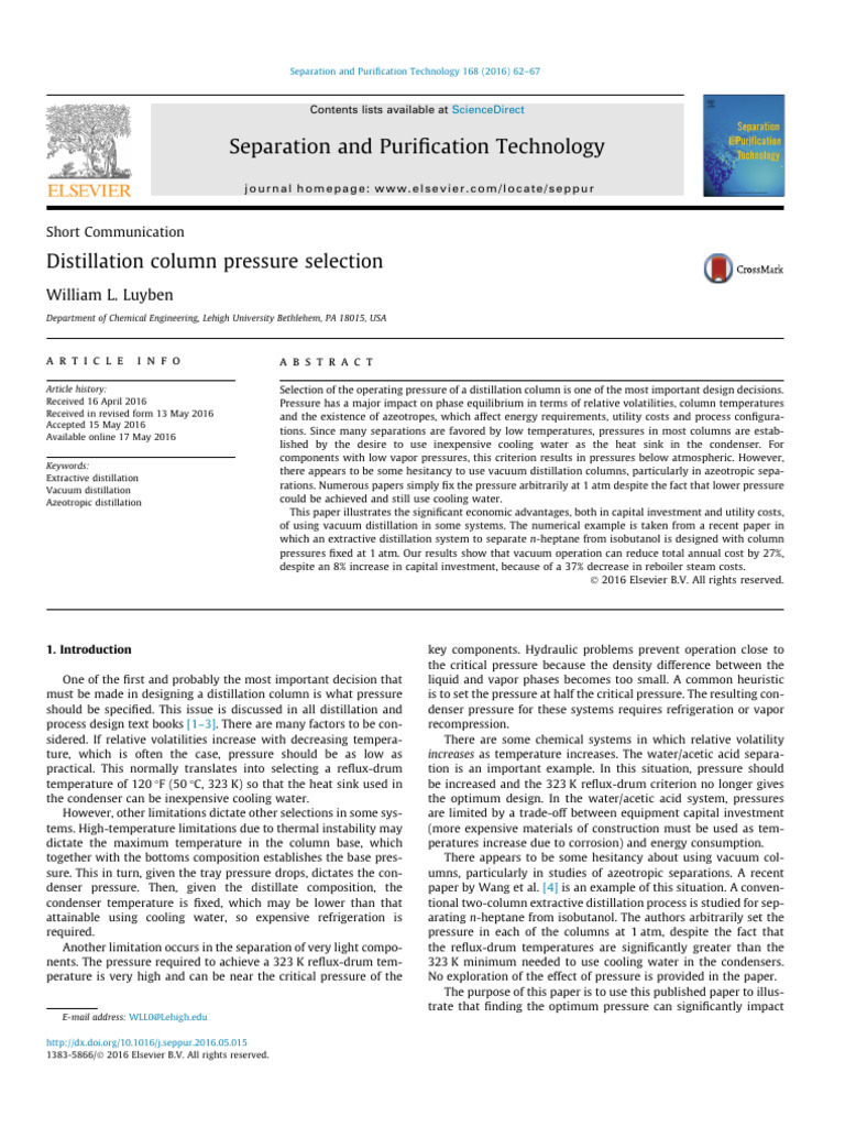 Distillation Column Pressure Selection | PDF | Distillation ...
