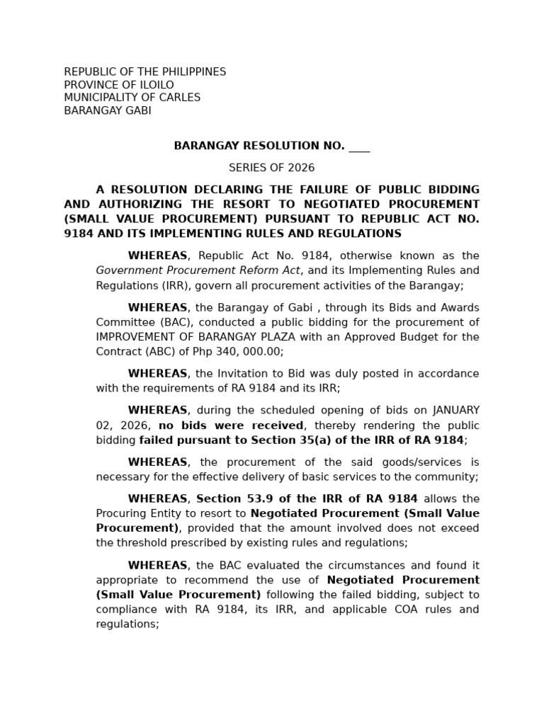 Barangay Resolution Sample | PDF | Public Law | Justice