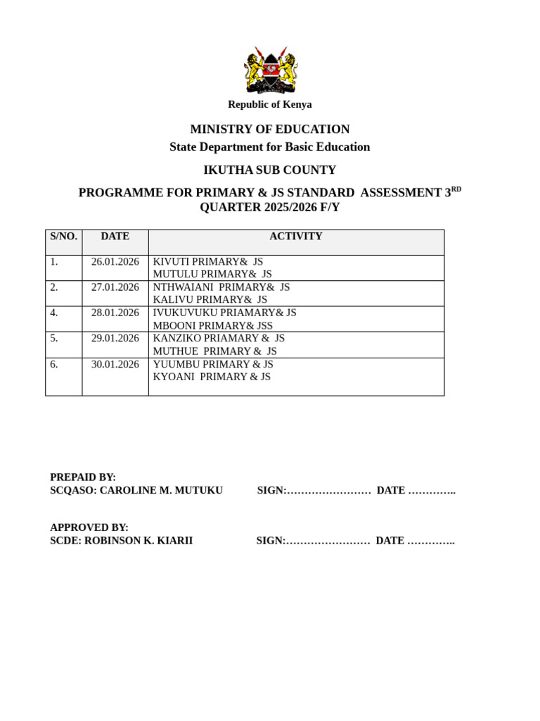 Programme for Primary & Js Assessment 3rd Quarter 2026 | PDF