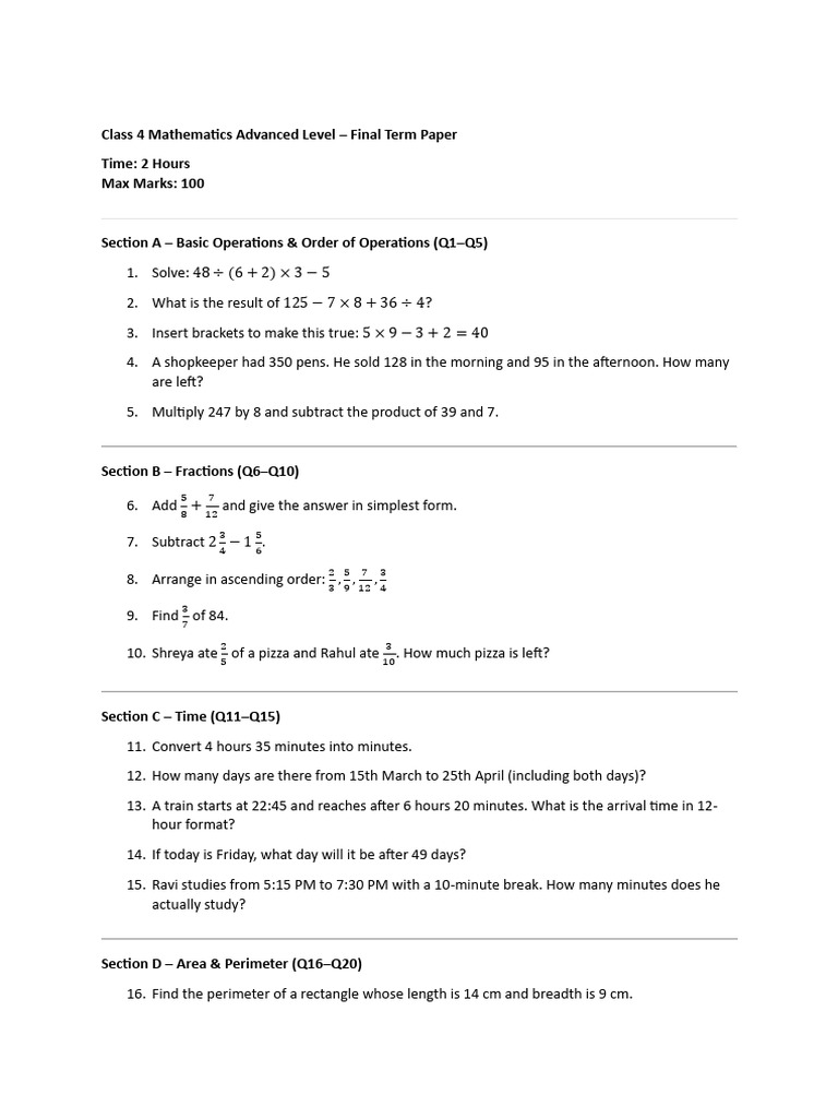 Class 4 Mathematics Advanced Level | PDF | Area | Triangle