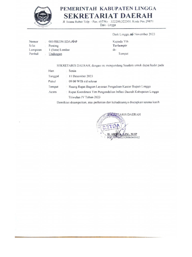 Undangan Rakor Tpid Kab. Lingga Triwulan IV | PDF