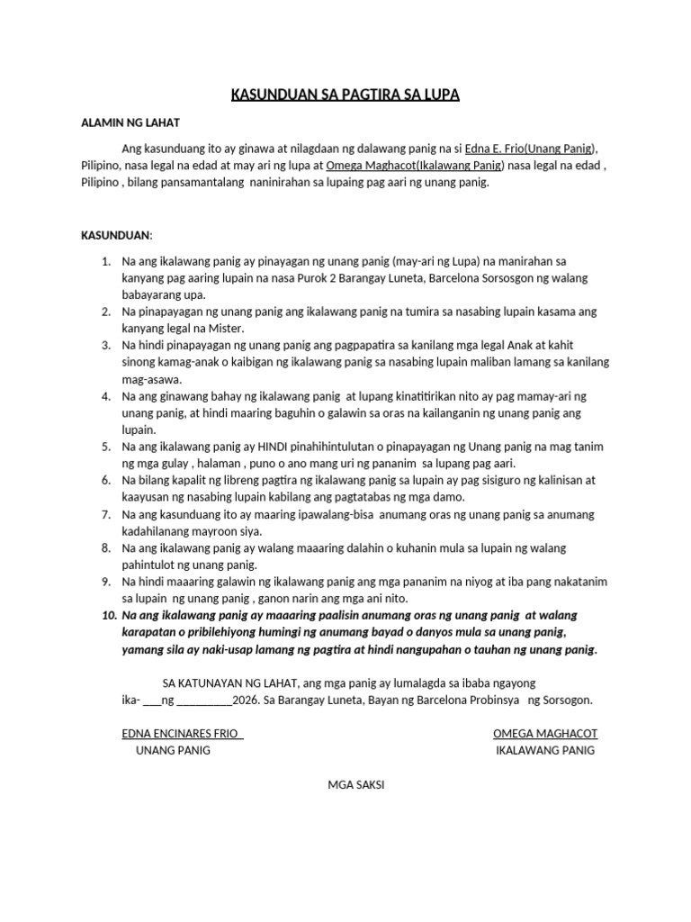Kasunduan Sa Pagtira Sa Lupa | PDF