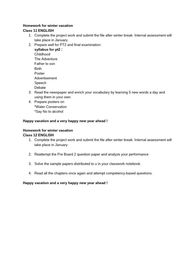 Winter Vacation Homework ENGLISH 2025 | PDF