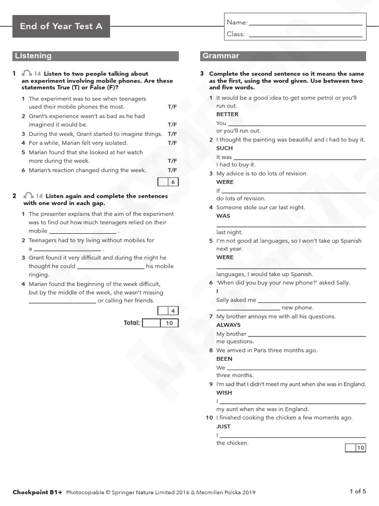 Checkpoint B1+ End of Year Test A | PDF | Thought