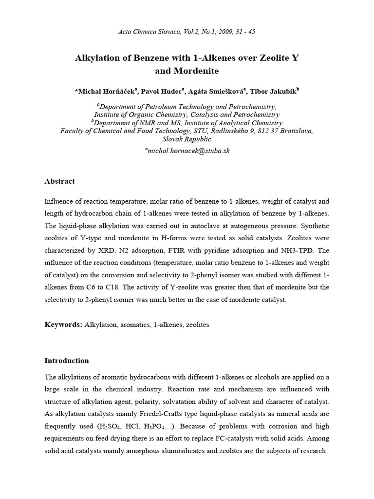 Alkylation of Benzene With 1-Alkenes Over Zeolite Y and Mordenite | PDF ...