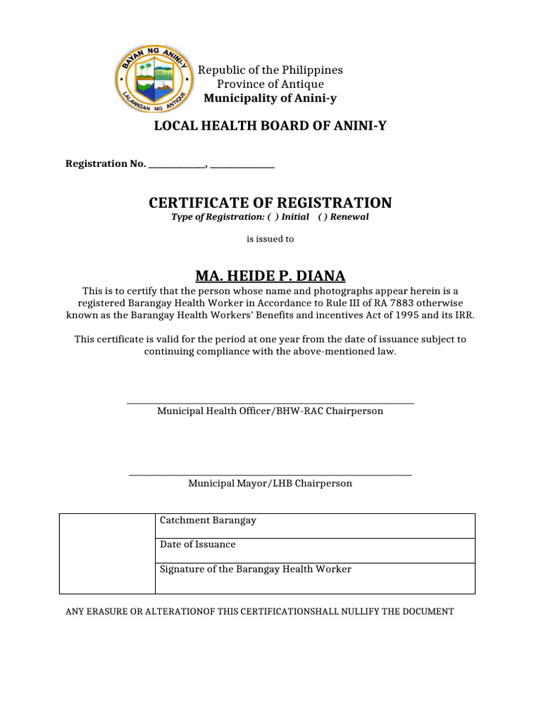 BHW Cert. of Registration | PDF