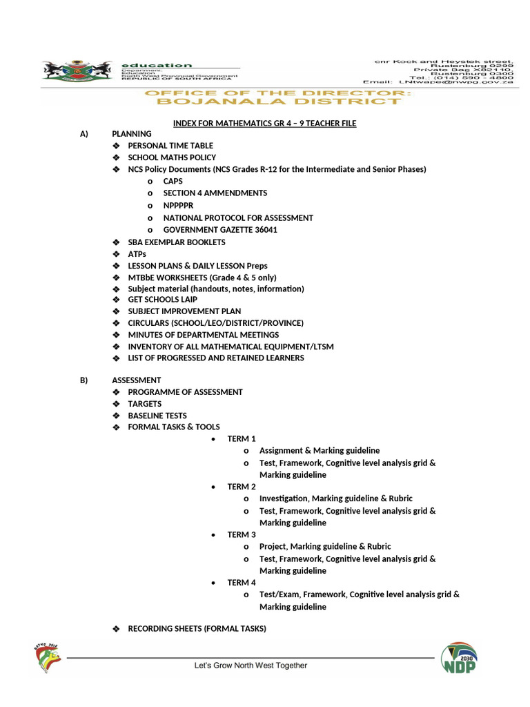 Teacher File Index Grade 4-9-2026 | PDF