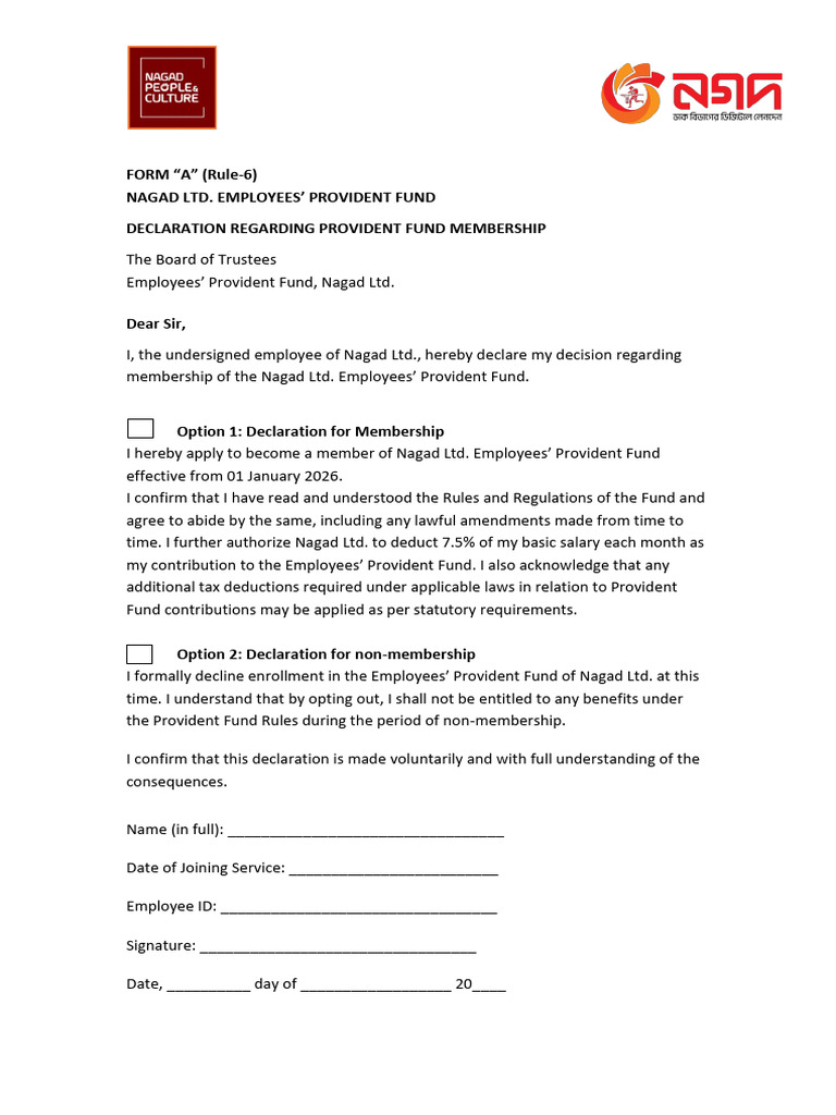 PF Declaration Form Nagad Ltd | PDF