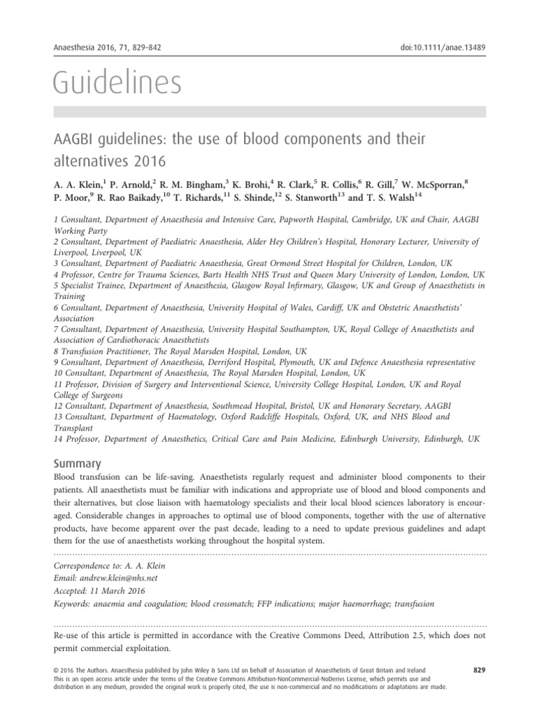 Anaesthesia - 2016 - Klein - AAGBI Guidelines The Use of Blood ...