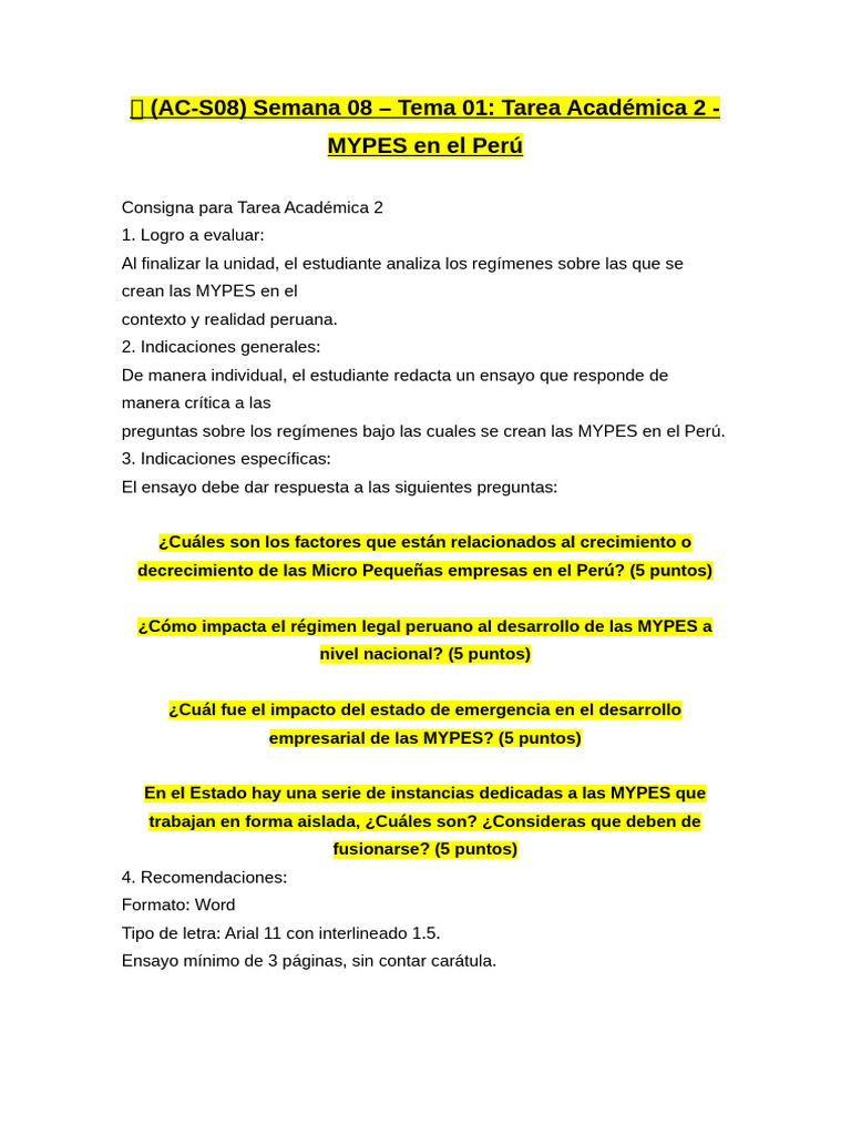 ? (AC-S04) Semana 04 – Tema 01 Tarea Académica 2 - MYPES en el Perú (DERECHO EMPRESARIAL) | PDF