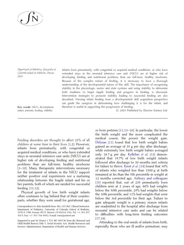 Ross 2002 Developmental Progression | PDF | Neonatal Intensive Care ...