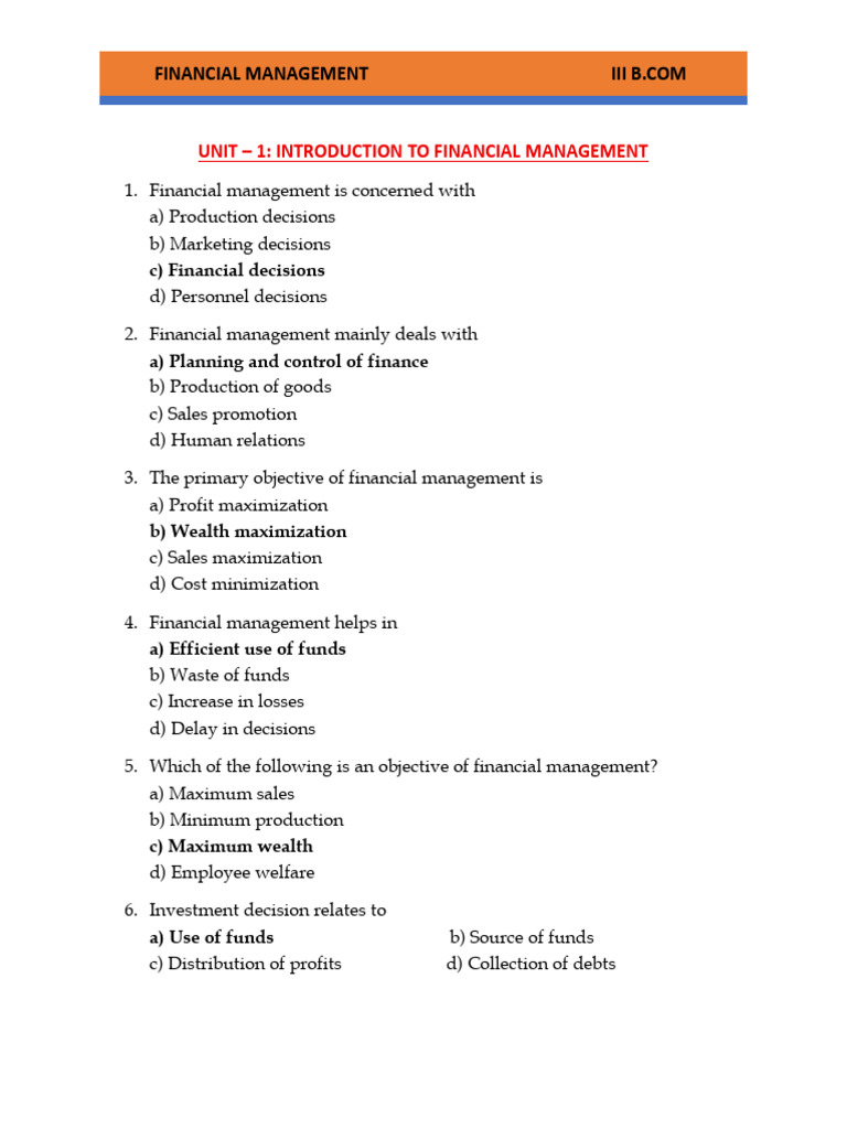 FM - Unit 1 Question Bank | PDF | Financial Capital | Capital Structure