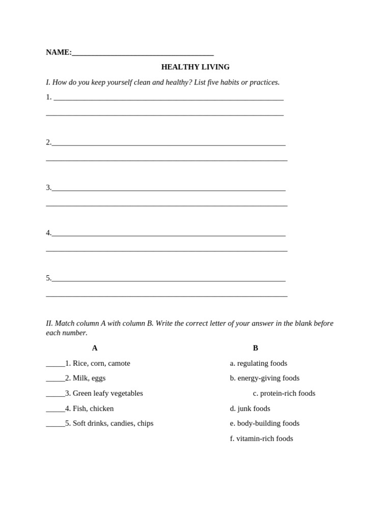 Healthy Living Answer Sheet | PDF