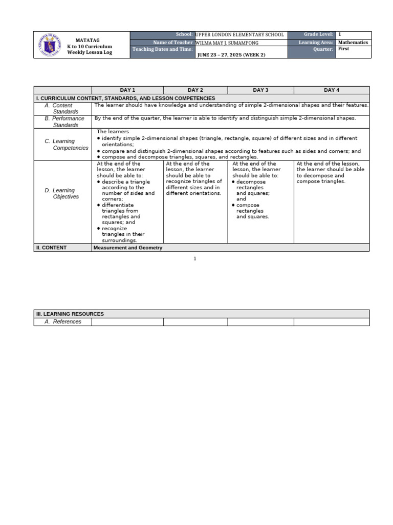 DLL Matatag Mathematics 1 q1 w2 | PDF | Shape | Triangle